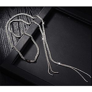 Sither Silver Crystal Necklace for Women Long Sweater Chain Statement Necklace for Wedding Jewelry for Dressy Winter Evening Party