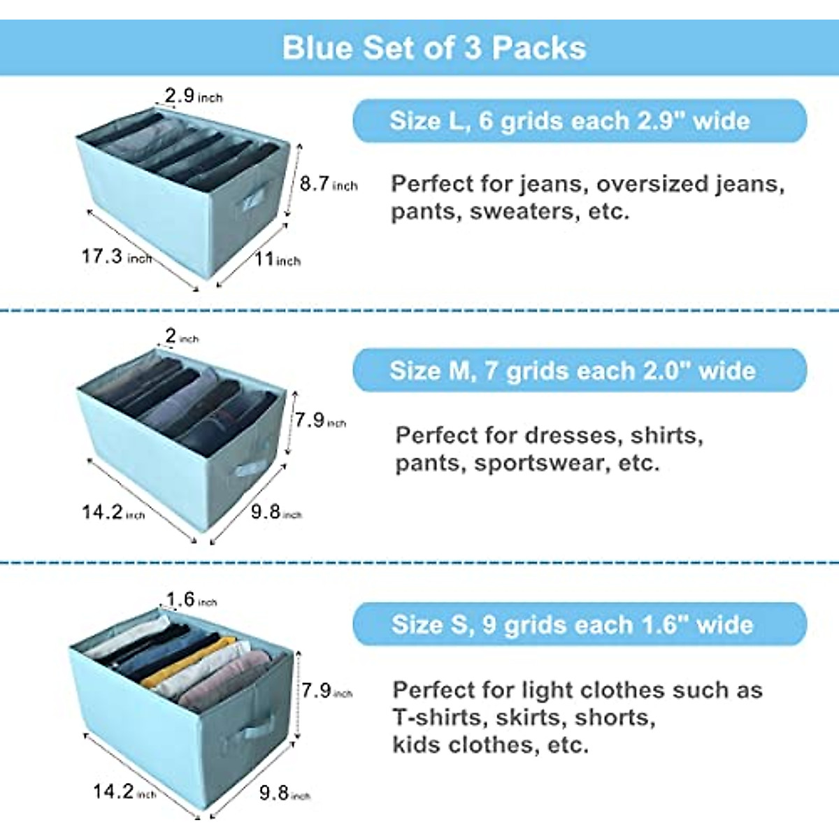 Closet Organizers and Storage, Foldable Wardrobe Clothes Organizer Blue 3-Pack(Size S M L), Good Fabric Clothes Storage Organizer Lonyork