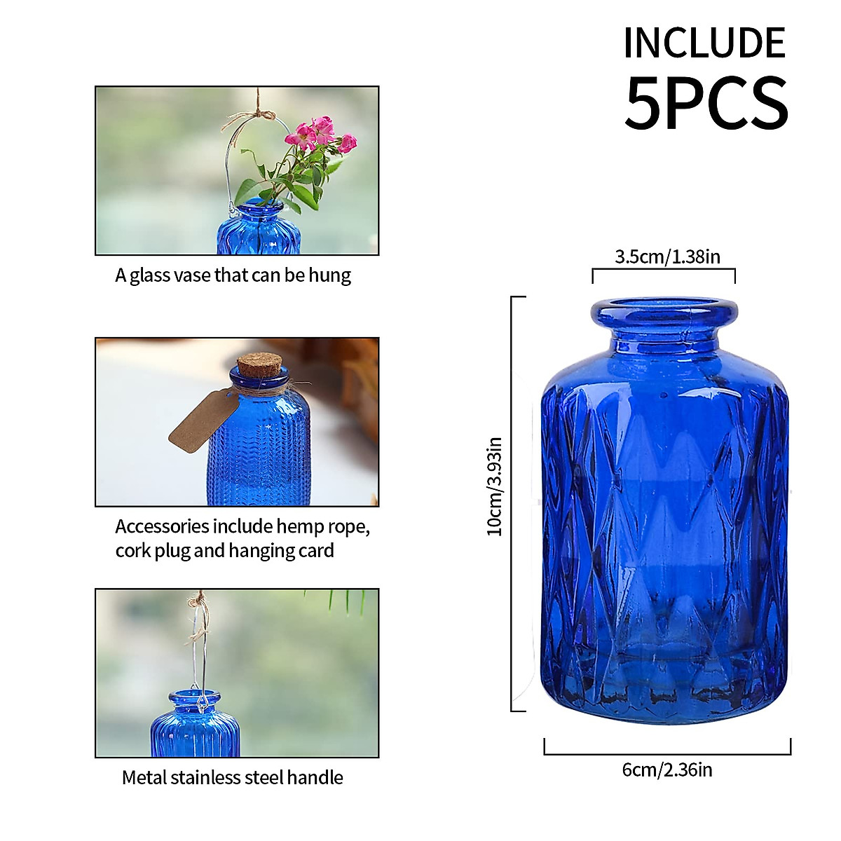 ELEGANTTIME Set of 5 Brown Amber Glass Bud Vase Set Multi Colour Glass Flower Vase Bottle with Crok Wire Handle Design Perfect for Cafes, Office Table, Home and Garden