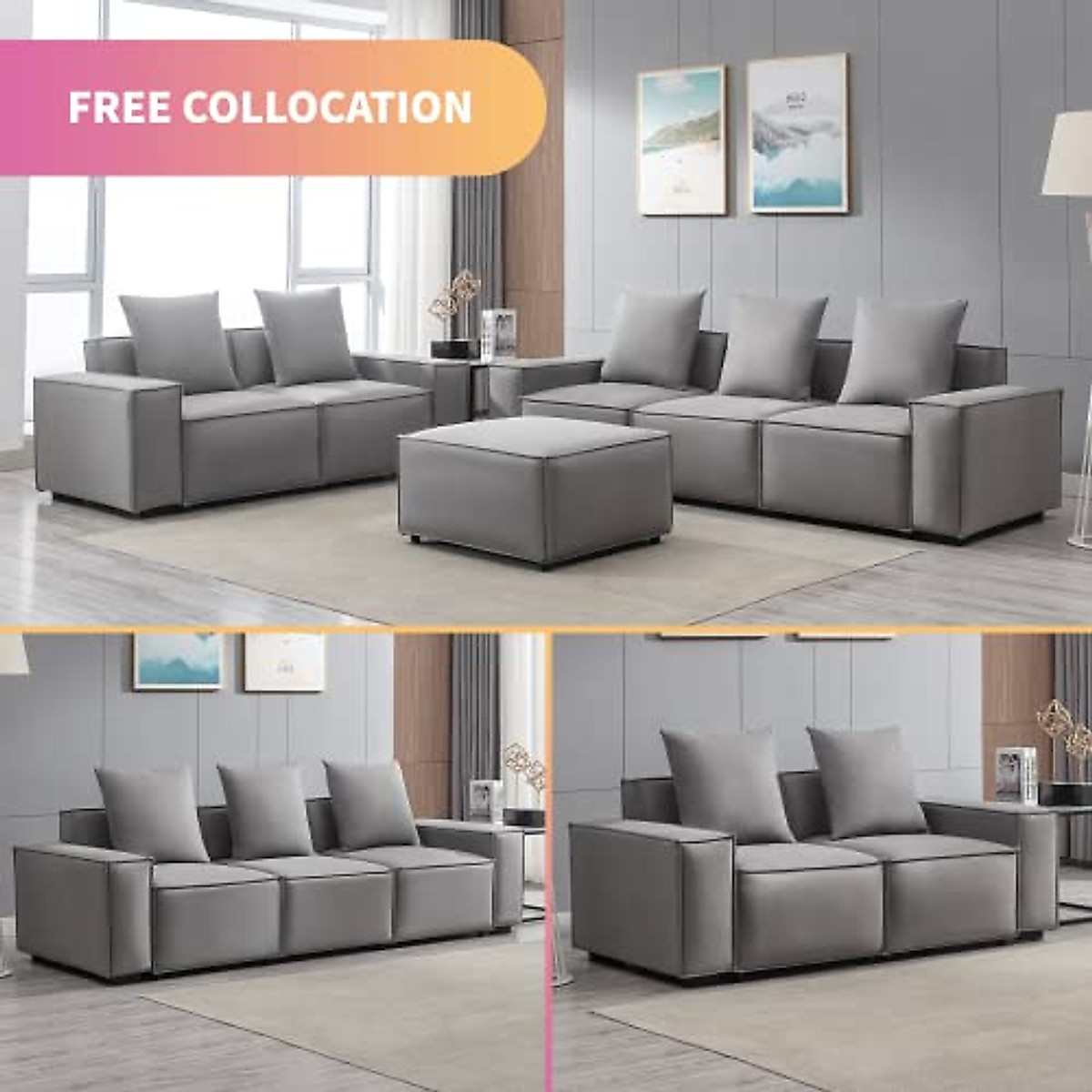 Mixoy Luxury 105" Upholstered Modular Sectional Sofa, 3-Seater Modern Leathaire Minimalist Sofa Couch with 3 Pillows & Super Size Deep Seat, (Light Grey)