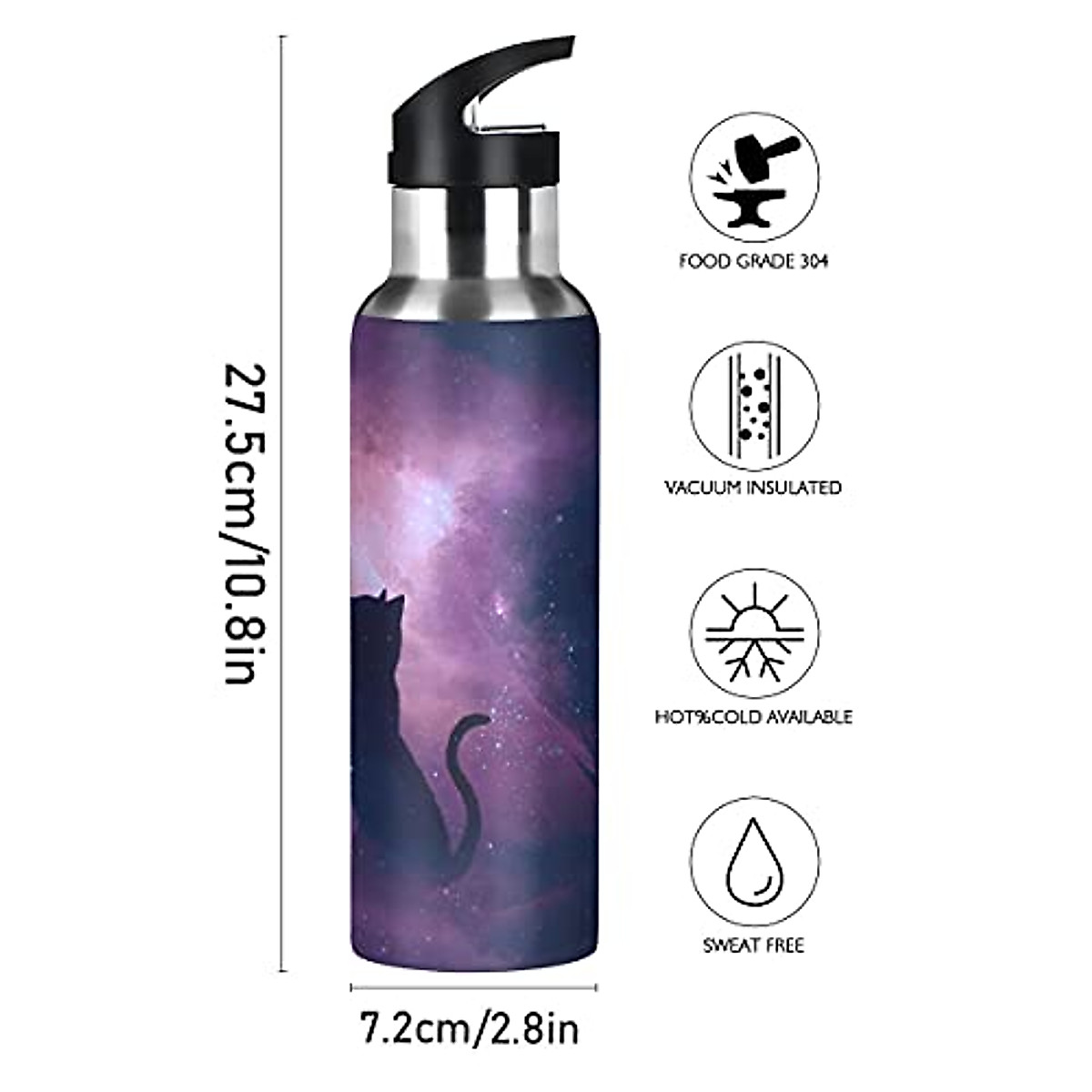 Yasala Water Bottle Galaxy Cat Butterfly Coffee Thermos Stainless Steel Insulated Beverage Container 20 oz with Straw Lid BPA-Free for Sport, Travel, Camping, Back to School
