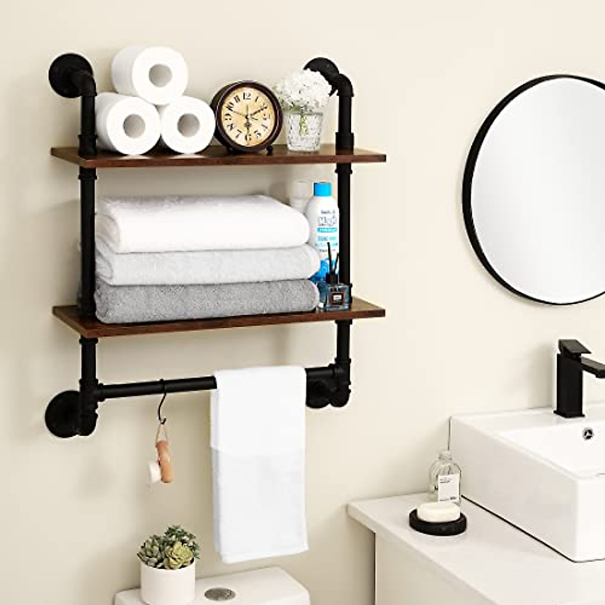 KES Bathroom Shelves Industrial Pipe Shelving Pipe Shelves 24-Inch Shelves with Bar Industrial for Wall Bathroom Rustic Farmhouse 2 Tier Iron Wall Mounted Black, BTR501S60-BK