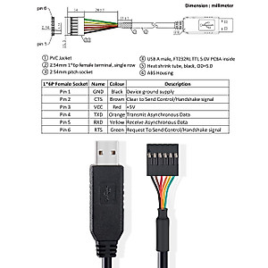 DTech USB to TTL Serial 5V Adapter Cable with FTDI FT232RL Chip 6 Pin 0.1 inch Pitch Female Socket Header UART IC Windows 11 10 8 7 Linux MAC OS (6ft, Black)