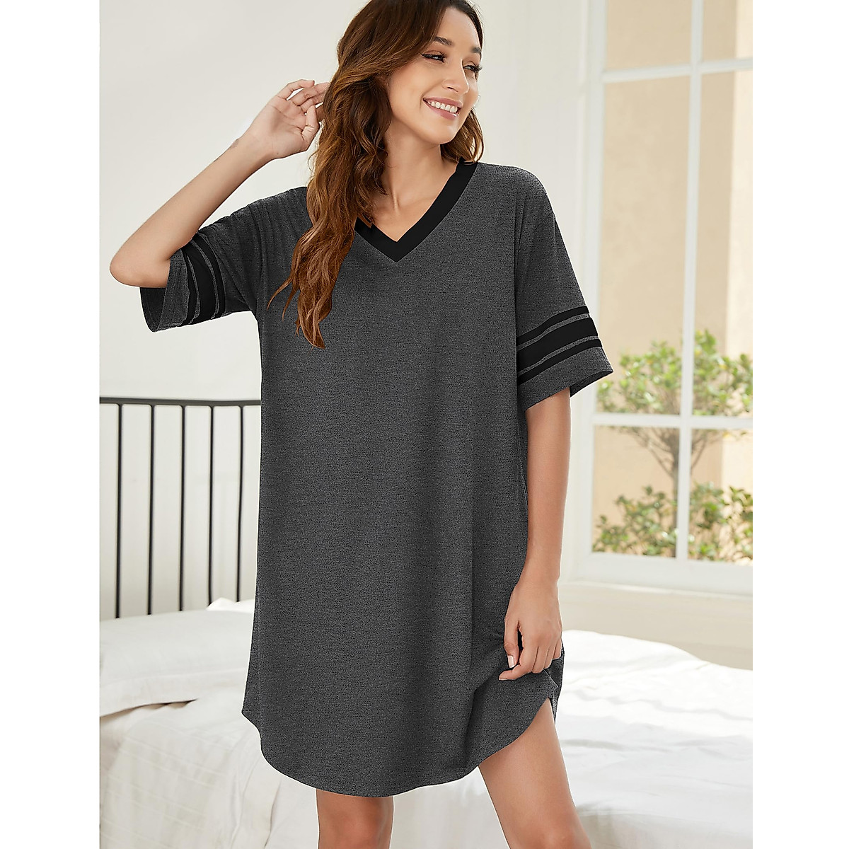 Ekouaer Womens Nightgown Cotton Sleepwear Short Sleeve Sleep Shirt V Neck Color Block Nightshirt XL Dark Grey