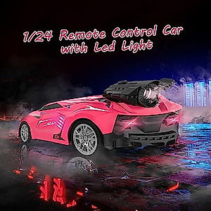 OLMURI Kids Remote Control Car, 1:24 RC Car Toys with Spray, 2.4Ghz LED Light Pink RC Drift Racing Car, Toys Car Gifts for Kis 6-12 and Girls