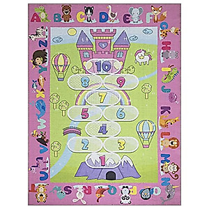 Ottomanson Machine Washable Wrinkle Free Hopscotch Princess Design Cotton 4x6 Kid's Area Rug for Playroom, Kid's Room, Bedroom, Kindergarten, 4' x 6', Pink