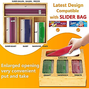Ziplock Bag Storage Organizer, Bamboo Food Storage Bag Organizer for Kitchen Drawer Compatible with Gallon, Quart, Sandwich and Snack Variety Size Bag
