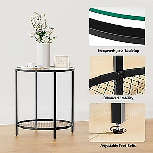 CADANI End Table, Glass Side Table with Open Storage, 2-Tier Black Accent Table with Sturdy Metal Frame, Modern Round Coffee Table for Living Room, Bedroom, Balcony, Patio