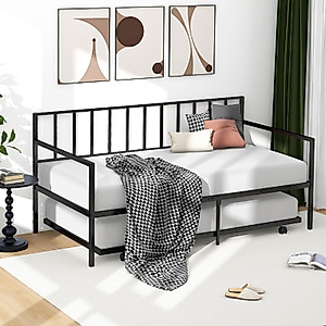 KOMFOTT Twin Metal Daybed with Trundle, Metal Sofa Bed & Pull-Out Trundle Set with Lockable Casters, Daybed for Living Room, No Box Spring Needed