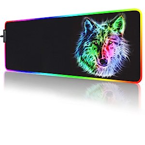 RGB Mouse Pad,Gaming Mouse Pad RGB,Cool Animal LED Mousepad-14 Light Modes Soft Non-Slip Base Large LED Mouse Mat for Laptop Computer PC Games 31.5 X 12 inches (RGB Wolf Mouse Pad)