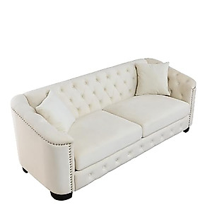 Goohome 77" Modern Chesterfield Sofa 3-Seater, Velvet Loveseat Sofá Couches for Living Room, Comforty Upholstered Tufted Backrests with Nailhead Arms and 2 Cushions, for Apartment Bedroom, C-Beige c