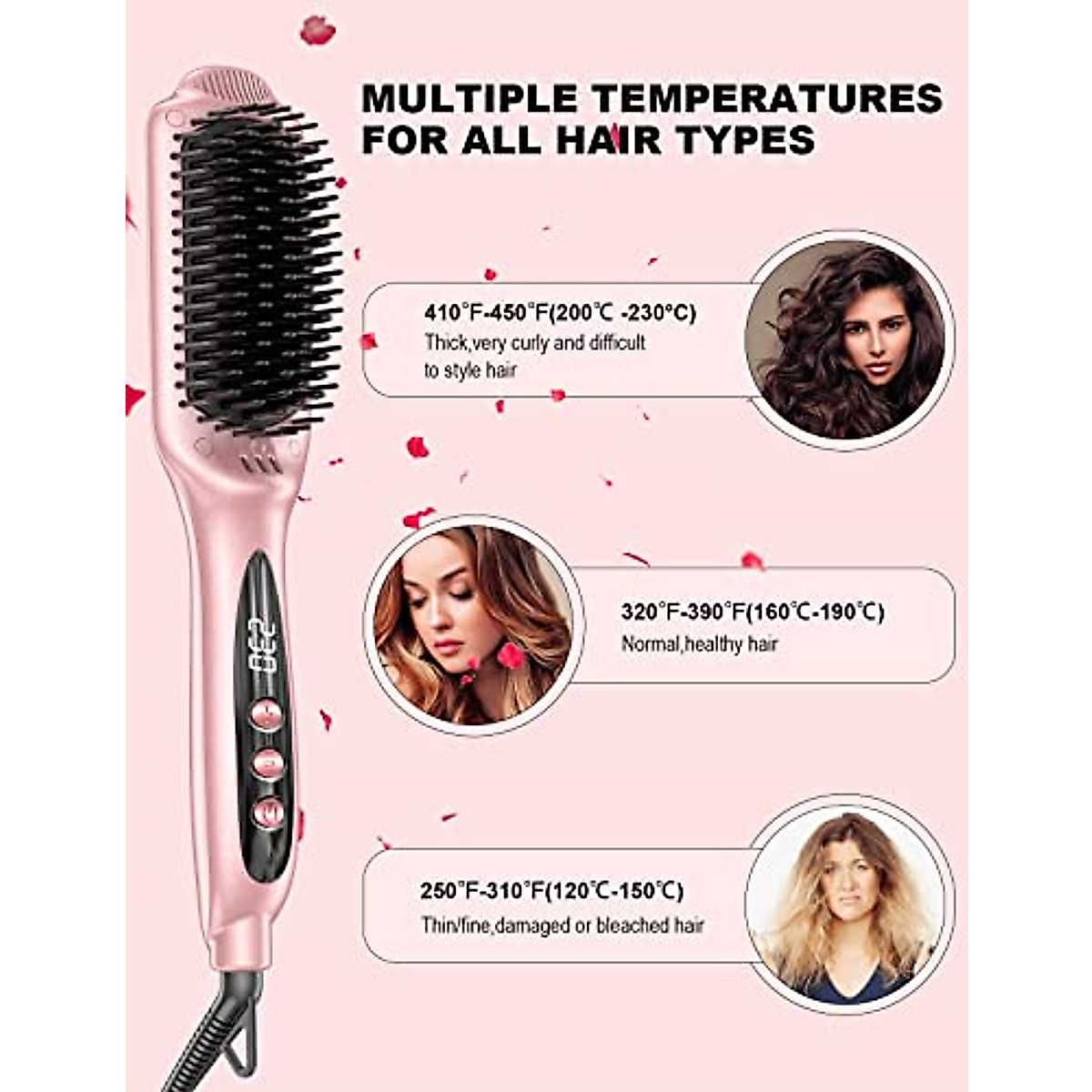 LANDOT Hair Straightener Brush Heated Straightening Brush: Negative Ion Hot Hair Brush for Smooth Frizz-Free Hair - Ceramic Flat Iron Brush - Dual Voltage Fast Heating Rose Gold
