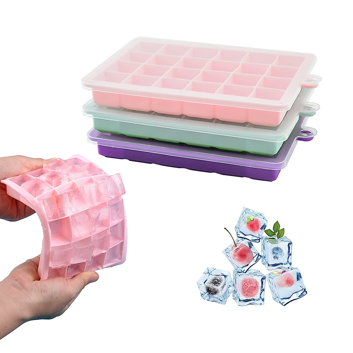 TAO CICADA Ice Cube Tray, 3 Pack Silicone Ice Cube Molds, Silicone Ice Cube Trays, Silicone Ice Trays, Easier to Release, BPA Free for Alcohol/Coffee/Beverages (Pink, Light blue, Purple)