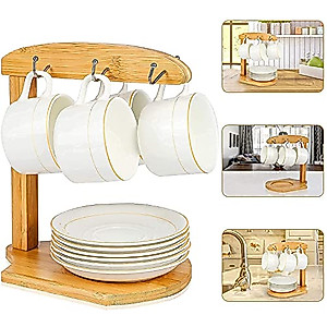 TAIHE Coffee Mug Holder, Coffee Mug Rack with Saucer Basket Storage, 6 Hooks can Hanging Your Love Mug & Cup & Tea Cup, Countertop Cup Hold 8x6 x9 (Natural Bamboo)