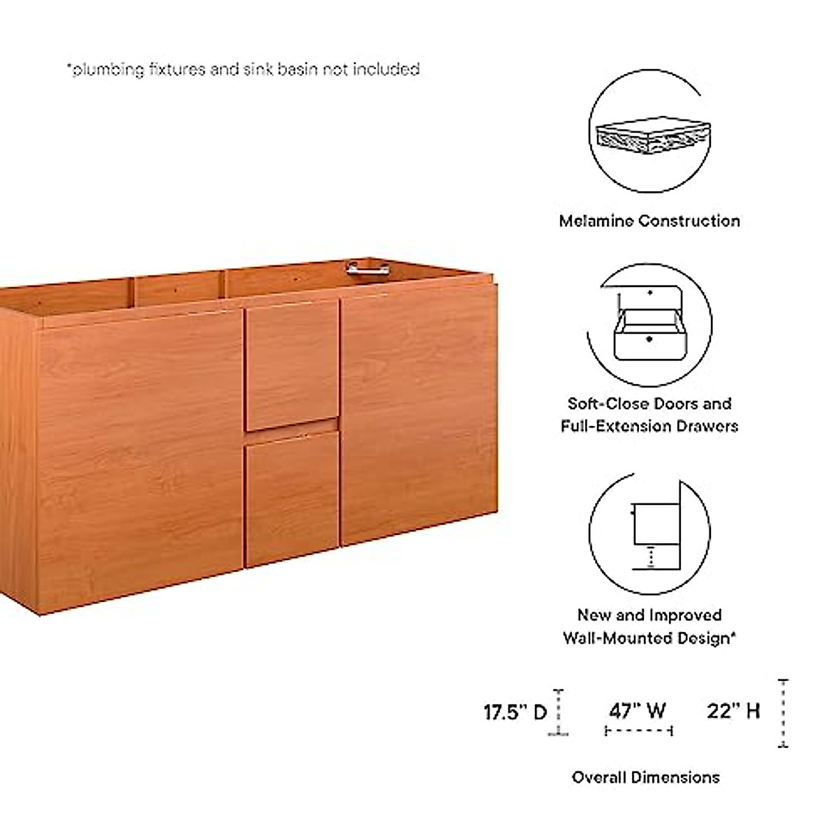 Modway EEI-5883-CHE Scenic 48" Double Wall-Mount Bathroom Vanity Cabinet, Cherry Walnut