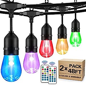 SHINE HAI 2-Pack 48FT Outdoor RGB String Lights, Cafe LED String Light with 30+5 Shatterproof Edison Bulb Dimmable, Commercial Light String for Patio Backyard Christmas Party, 2 Remote, 96FT