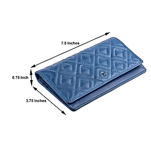 Zinda Genuine Leathers Women’s Wallet RFID Protection Long Purse Flap Over Quilted (Blue)