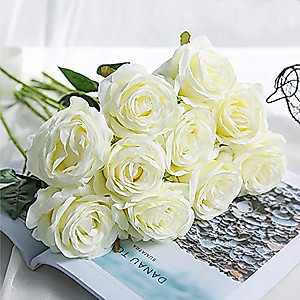 Hawesome 12PCS Artificial Silk Flowers Realistic Roses Bouquet Long Stem for Home Wedding Decoration Party (12PCS-White)