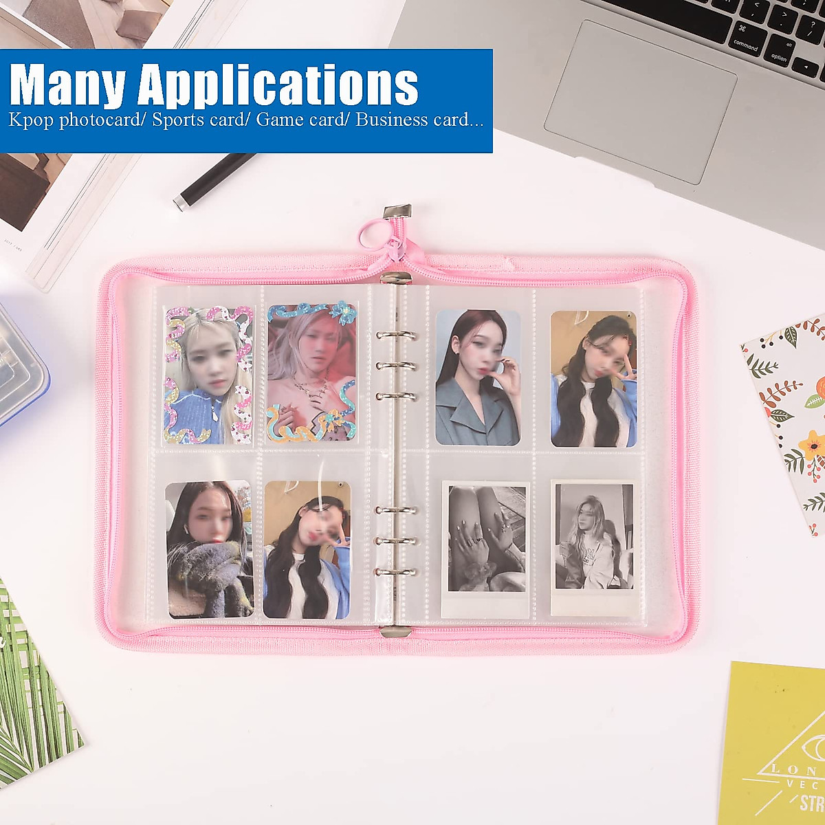 4-Pocket Kpop Photocard Holder Book with 30Pcs Inner Pages 6 Ring A5 Photocard Binder Card Collect Book Hold Up to 240 Cards (Pink)