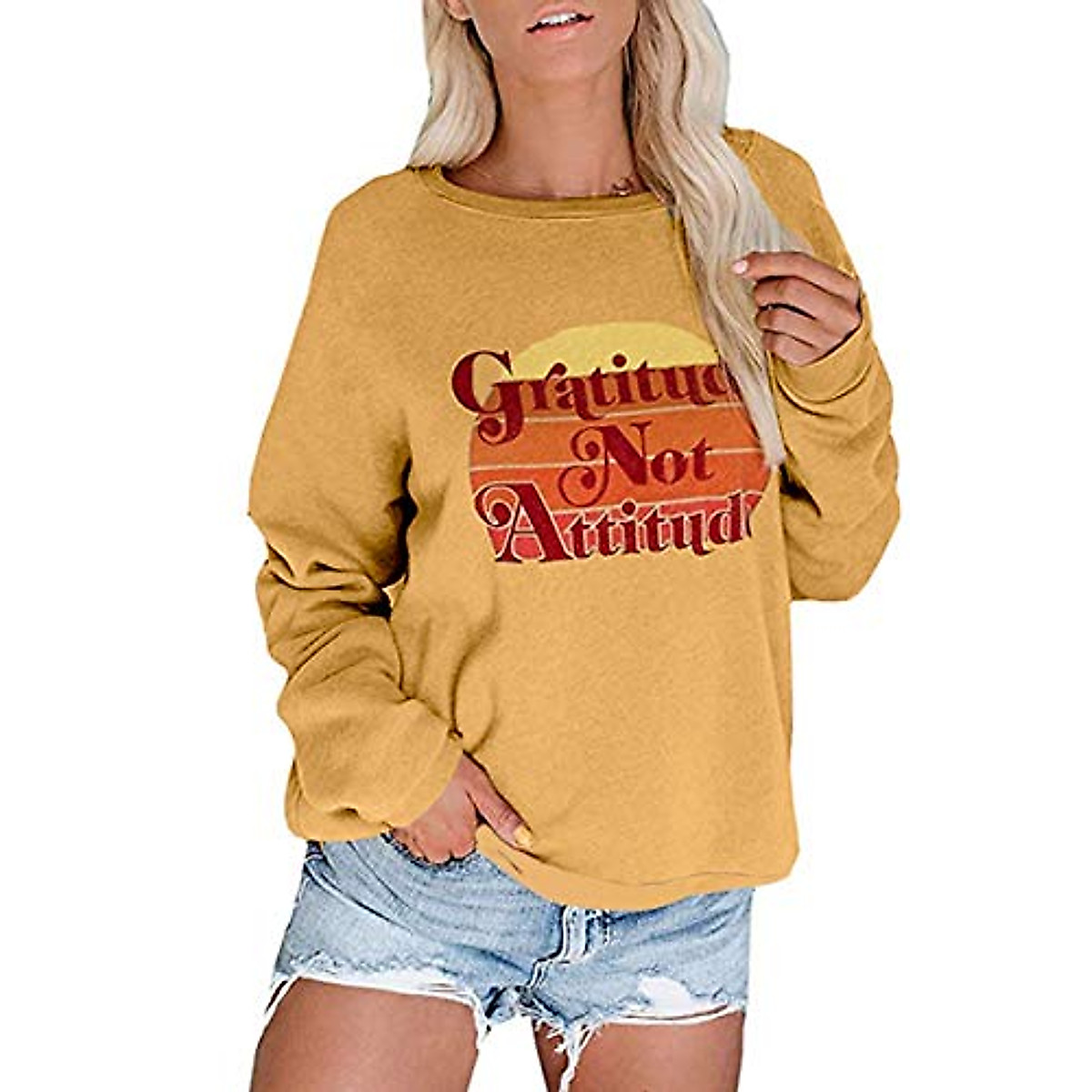 CHYRII Women's Round Neck Letter Print with Setting Sun Long Sleeve Casual Sweatshirt Pullover Tops Yellow S