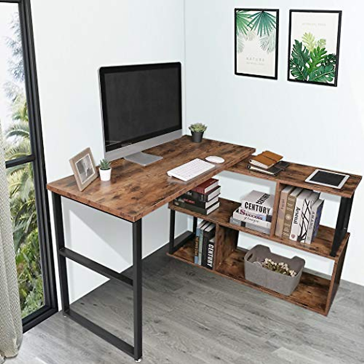 Tektalk Rotatable Corner Table Retro Desk Corner Computer Desk PC Laptop Study Table Workstation Home Office