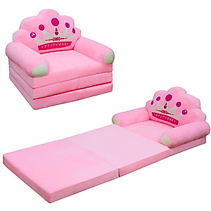 PLYFOU Kids Fold Out Couch, Couch for Toddlers 1-3, 2-in-1 Foldable Princess Chair for Toddlers, Mini Couch for Kids Reading and Napping, Idea for Girls, Pink