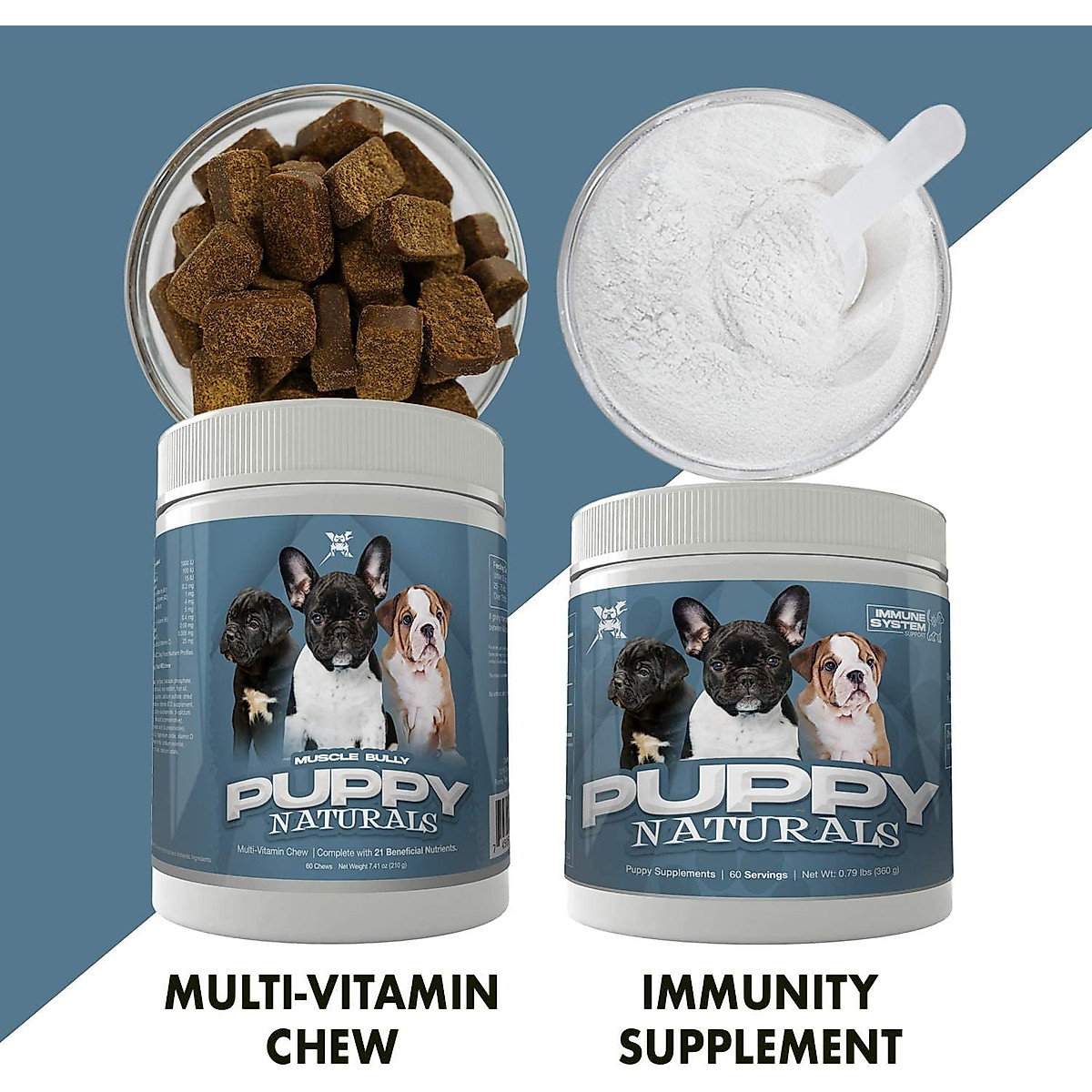 Muscle Bully Puppy Naturals | Muscle Building Immunity Milk Replacer + 10 in 1 Puppy MultiVitamin Nutrient Chew | Veterinarian Formulated. Nutritional Support for Growing Puppies (120 Servings).
