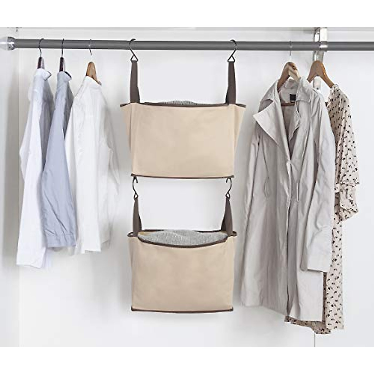 STORAGE MANIAC 2-Shelf Hanging Closet Organizer, Cloth Hanging Closet Shelf, Canvas Hanging Closet Basket with Hooks for Dorm, Apt, Bedroom, College, Garment Rack, Wardrobe, Fabric