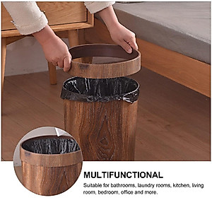 PRETYZOOM Wood Grain Trash Can, 10L Round Plastic Wastebasket Bedroom Kitchen 11x9 Inch Vintage Recycling Bin Rustic Garbage Can with Removable Bag Holder for Bathroom Offices
