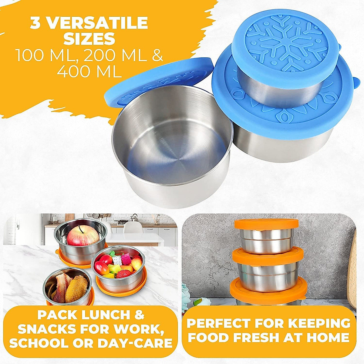 Stainless Steel Dressing Containers with lids, Set of 3 (13oz, 6oz, 3oz) Multipurpose To-Go Meal Prep for Bento Box Lunch Box, Snacks, Tea, Coffee or Food, Leakproof, Stackable and Airtight (BLUE)