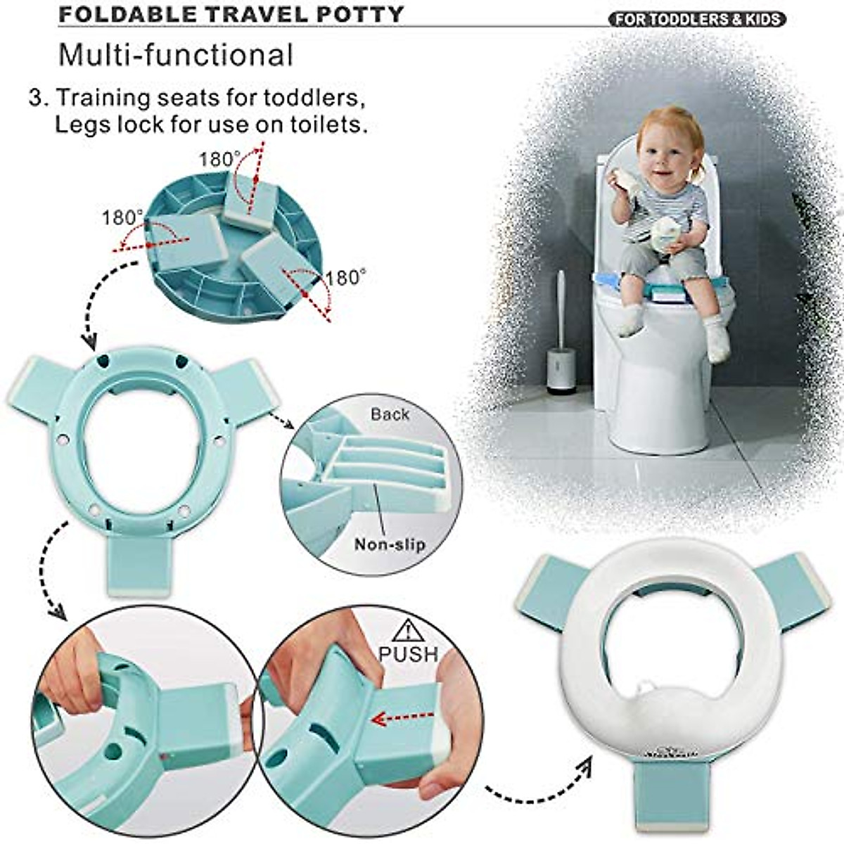 3-in-1 Go Potty for Travel, Portable Folding Compact Toilet Seat,Potty Training Toilet Chairs for Toddler Boys & Girls with storage Bag and Potty Liners by BlueSnail (blue)