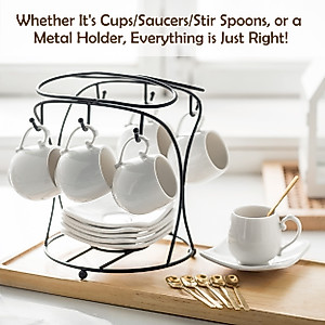 LYEOBOH Espresso Cups with Saucers Set, Porcelain Coffee Cups and Metal Stand and Spoons, Small Demitasse Cups for Espresso, Latte, Cafe Mocha, Cappuccino, and Tea, 3 OZ, Set of 6, White