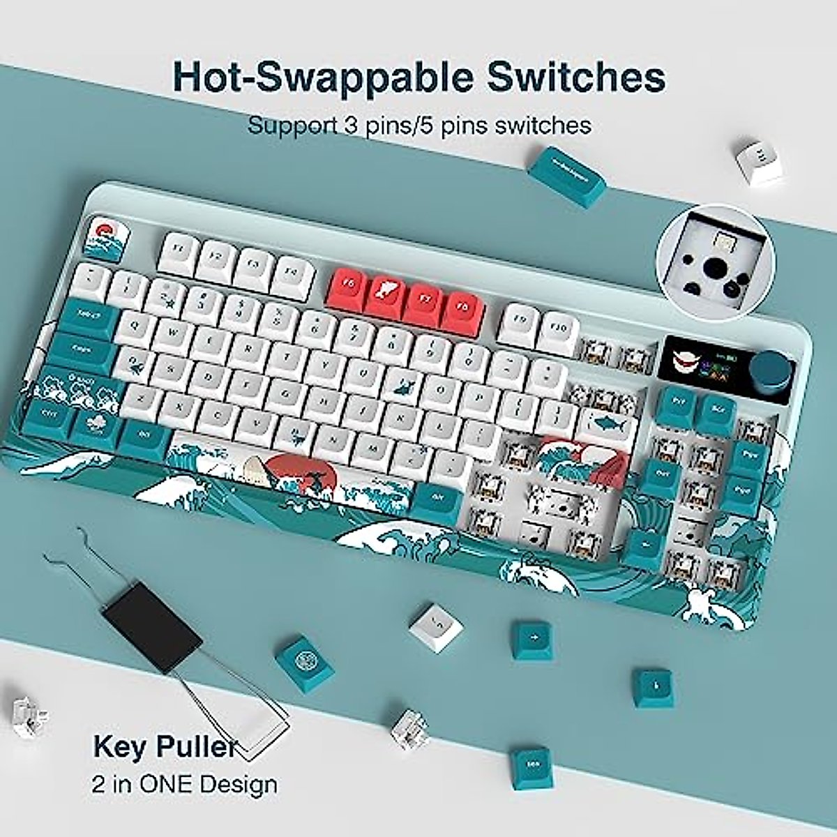 Womier Retro 75% Gaming Keyboard with OLED Display&Knob, M87 Pro Bluetooth 5.1/2.4GHz /USB-C Wireless Mechanical Keyboard with Hot-Swappable Custom Switch, Compact RGB Keyboard (Coral Sea)