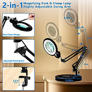 HITTI 【Upgraded Switch】 10X Magnifying Glass with Light, 2200 Lumens 2-1 Desk & Clamp Magnifying Lamp, Stepless Color and Brightness, Hands Free Magnifier Light and Stand for Crafts Workbench-Black