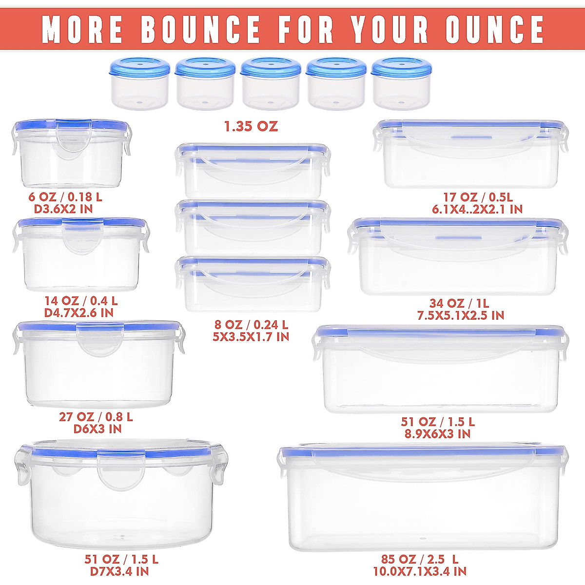 RockBerry 32 Pcs Large Plastic Food storage containers-85 oz to Sauces Box Stackable Kitchen storage bowls sets-BPA Free Leak proof with lids airtight-Microwave freezer safe lunch boxes