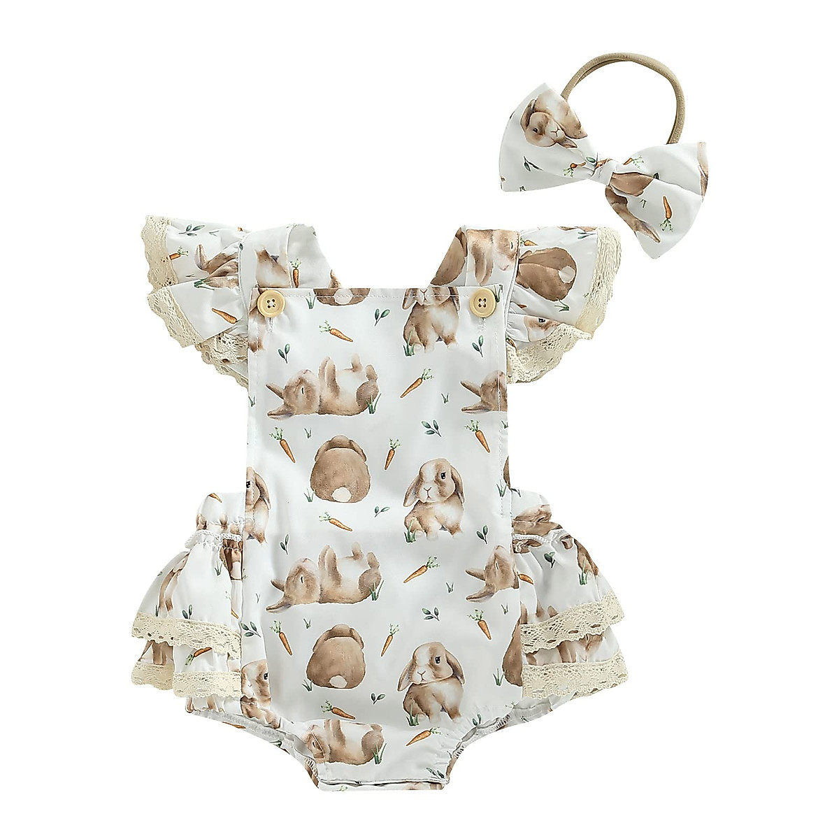 Newborn Infant Baby Girl Easter Outfit Bunny Romper Lace Sleeveless Bodysuit Jumpsuit Headband Summer Clothes White 18-24 Months
