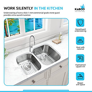 KABCO 32 Inch Double Bowl Stainless Steel Classic Kitchen Sink with Sink Strainers, Removable Garbage Baskets and Sink Grids Sound and Heat Proof 18 Gauge Undermount 40/60 Bowl Swirl Finish Sink