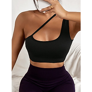 SOLY HUX Women's One Shoulder Sports Bra Cut Out Sleeveless Workout Running Yoga Crop Top Black S
