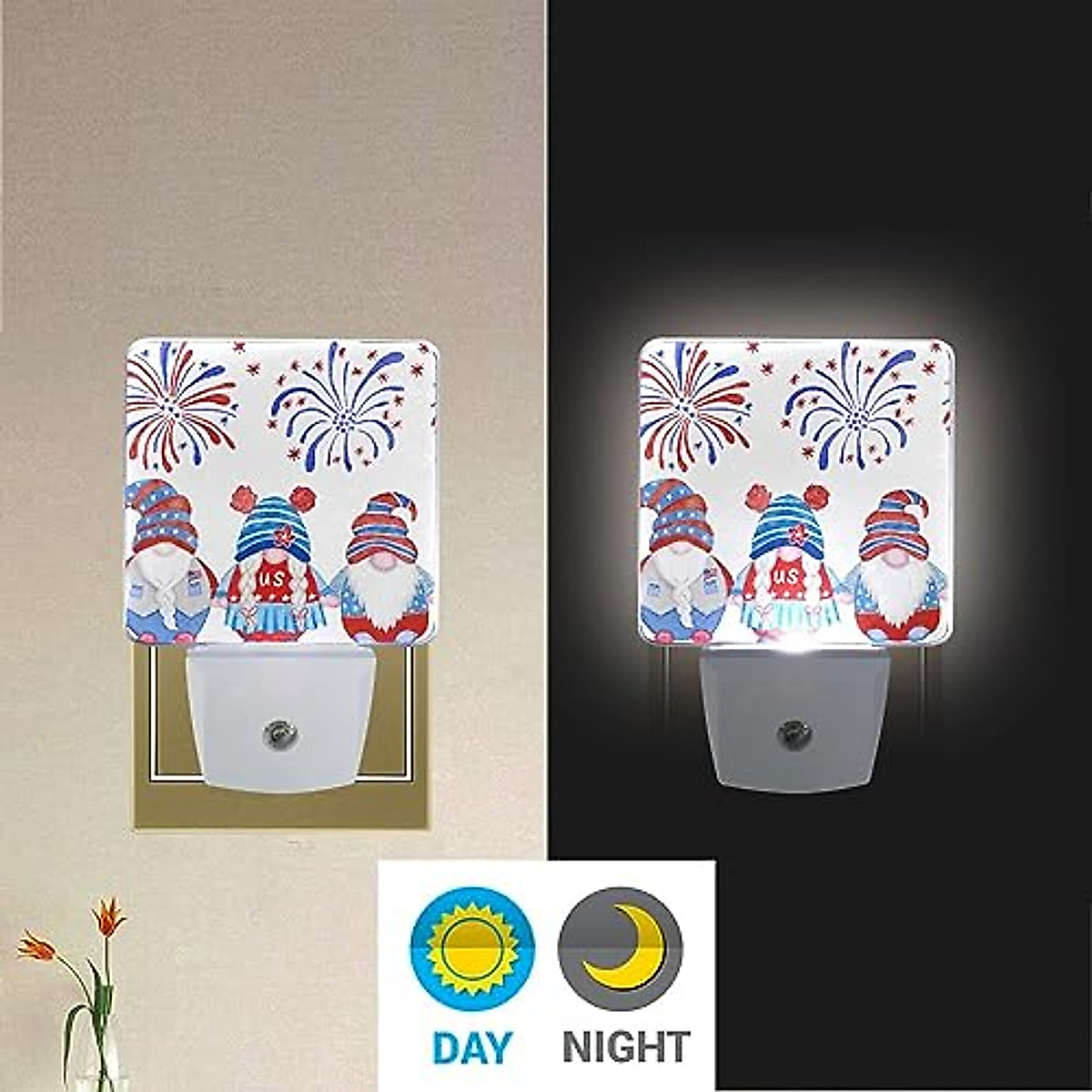 JSTEL 4th July Gnome Night Lights Plug into Wall Decorative Dusk to Dawn,4th July Gnome Night Light Plug in,LED Nightlights for Bedroom Bathroom Kitchen Hallway Stairs