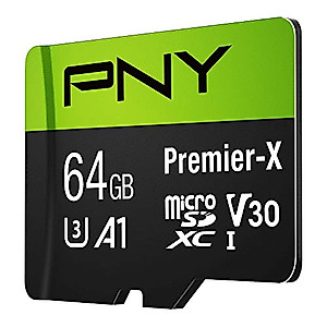 PNY 64GB Premier-X Class 10 U3 V30 microSDXC Flash Memory Card - 100MB/s, Class 10, U3, V30, A1, 4K UHD, Full HD, UHS-I, micro SD
