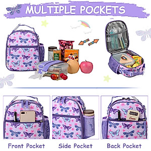 RAVUO Lightweight Butterfly School Backpack Bookbag and Lunch Bag Box Lunchbox Set for Girls