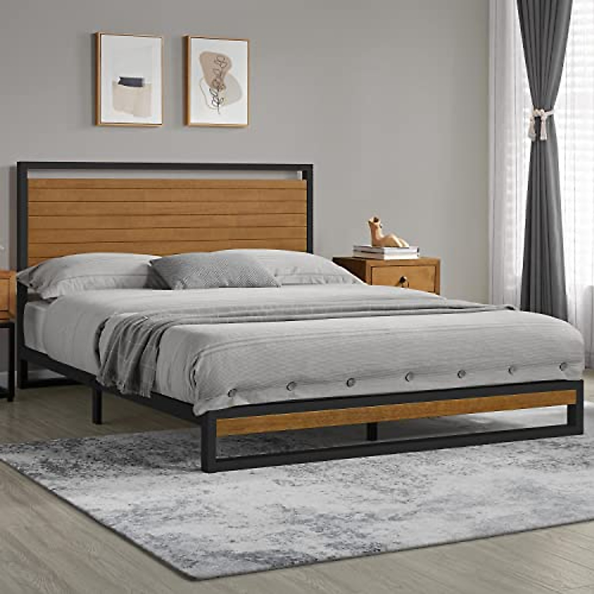 Yaheetech 37 Inch Metal Platform Bed Frame with Wood Headboard Solid Wood & Steel Construction No Box Spring Needed Wood Slat Support Easy Assembly Chestnut Brown Full
