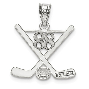 Personalized Laser Polished Custom Name And Number Hockey Pendant Made in Sterling Silver from Roy Rose Jewelry