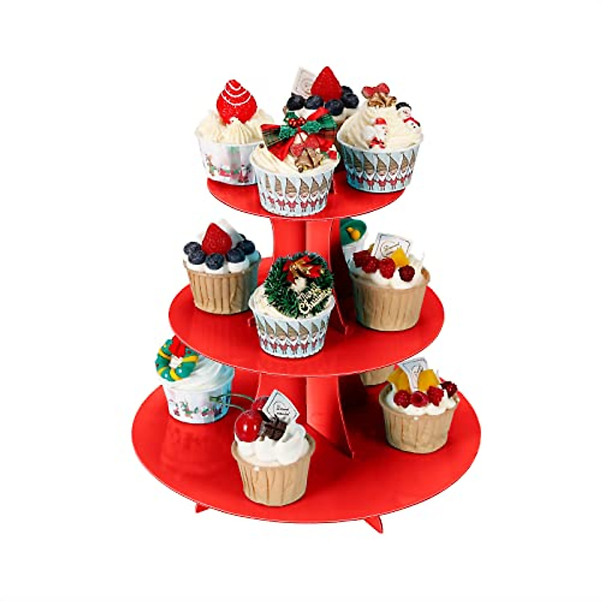 YLDW 3-Tier Cupcake Stand, Cake Stand Holder, Tiered DIY Cupcake Stand Tower for Dessert Table Displays, Birthday Theme Party Favors Decoration, Floral Tea Party, 12" W x 12.8" H, Red