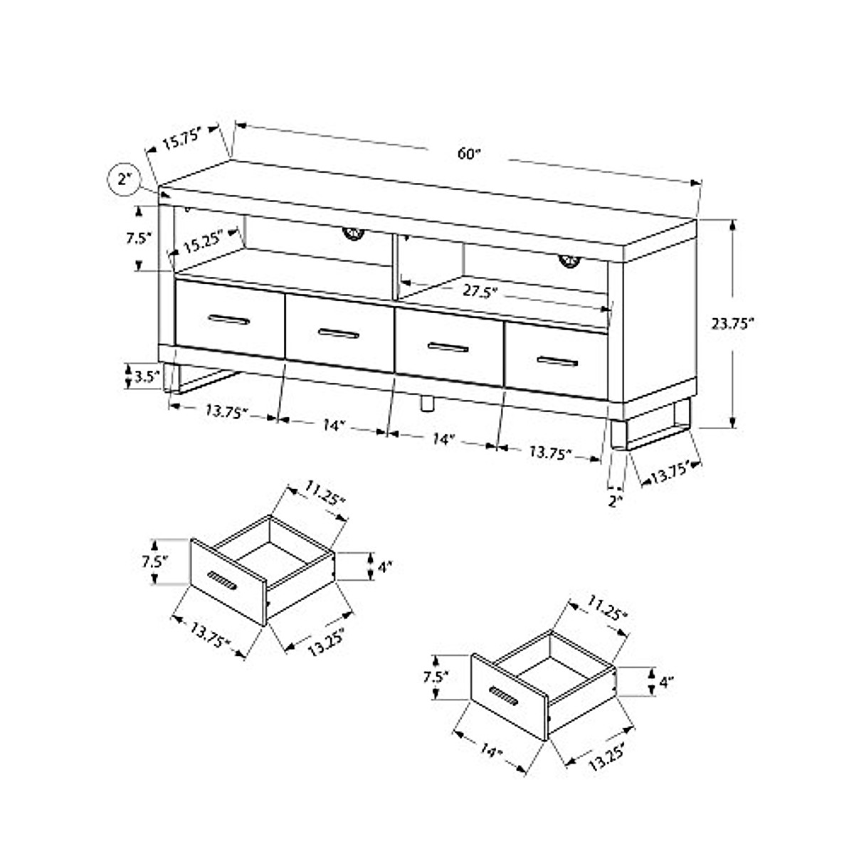 Monarch Specialties , TV Console with 4 Drawers, Dark Taupe Reclaimed-Look, 60"L