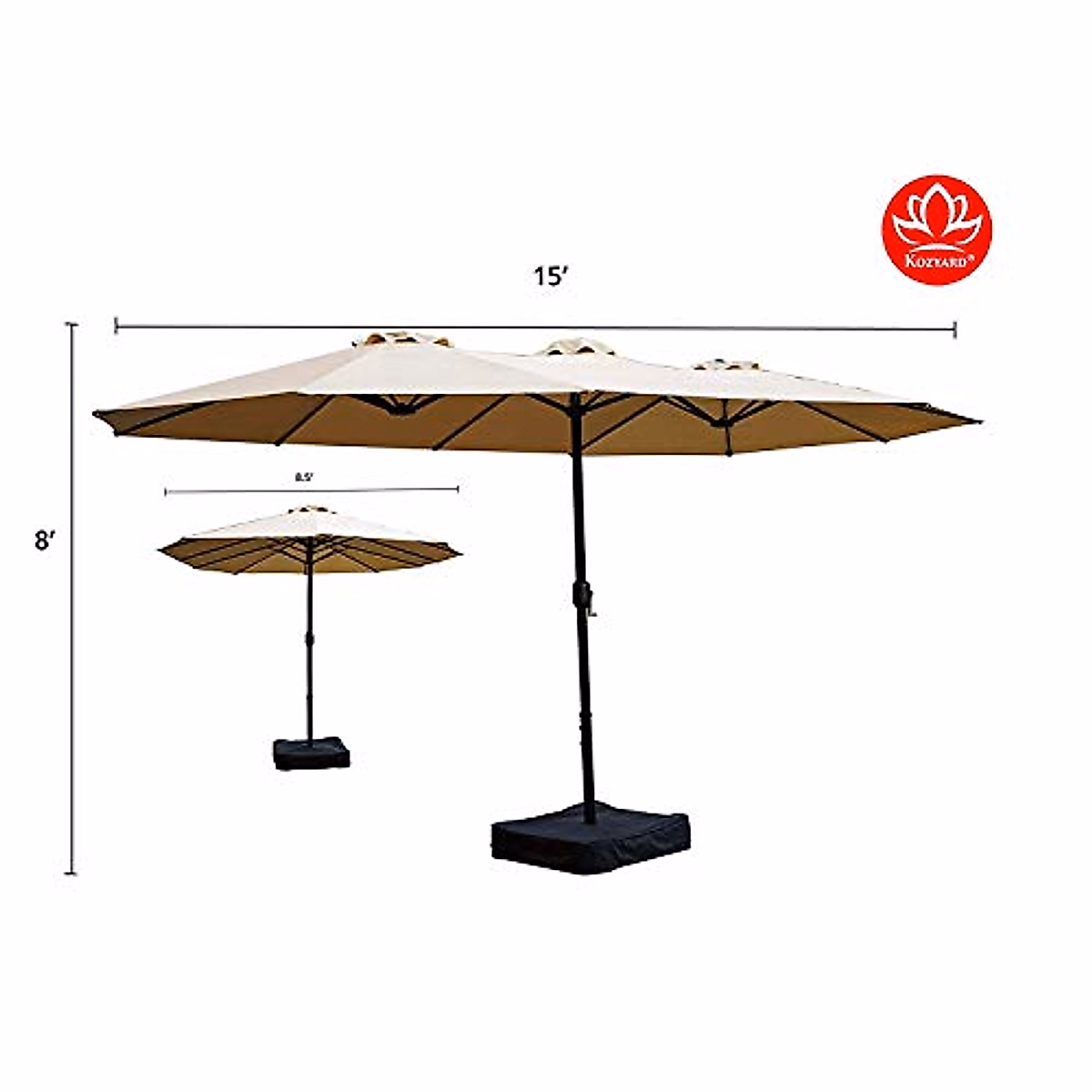 Kozyard Butterfly 14' Outdoor Patio Double-Sided Aluminum Umbrella with Crank and Base (Beige)