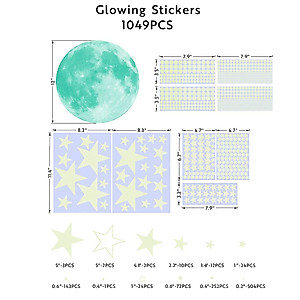 1049Pcs Glow in The Dark Stars and Moon for Ceiling, Wall Bedroom Chirldren's Room Stickers Decals Decor, Boys & Girls' Gifts (Stars and Moon of Blue Light)
