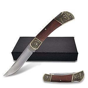 FU-GLBY Embossing Bolster Pocket Folding knife Wood handle EDC Knives Tools (red)