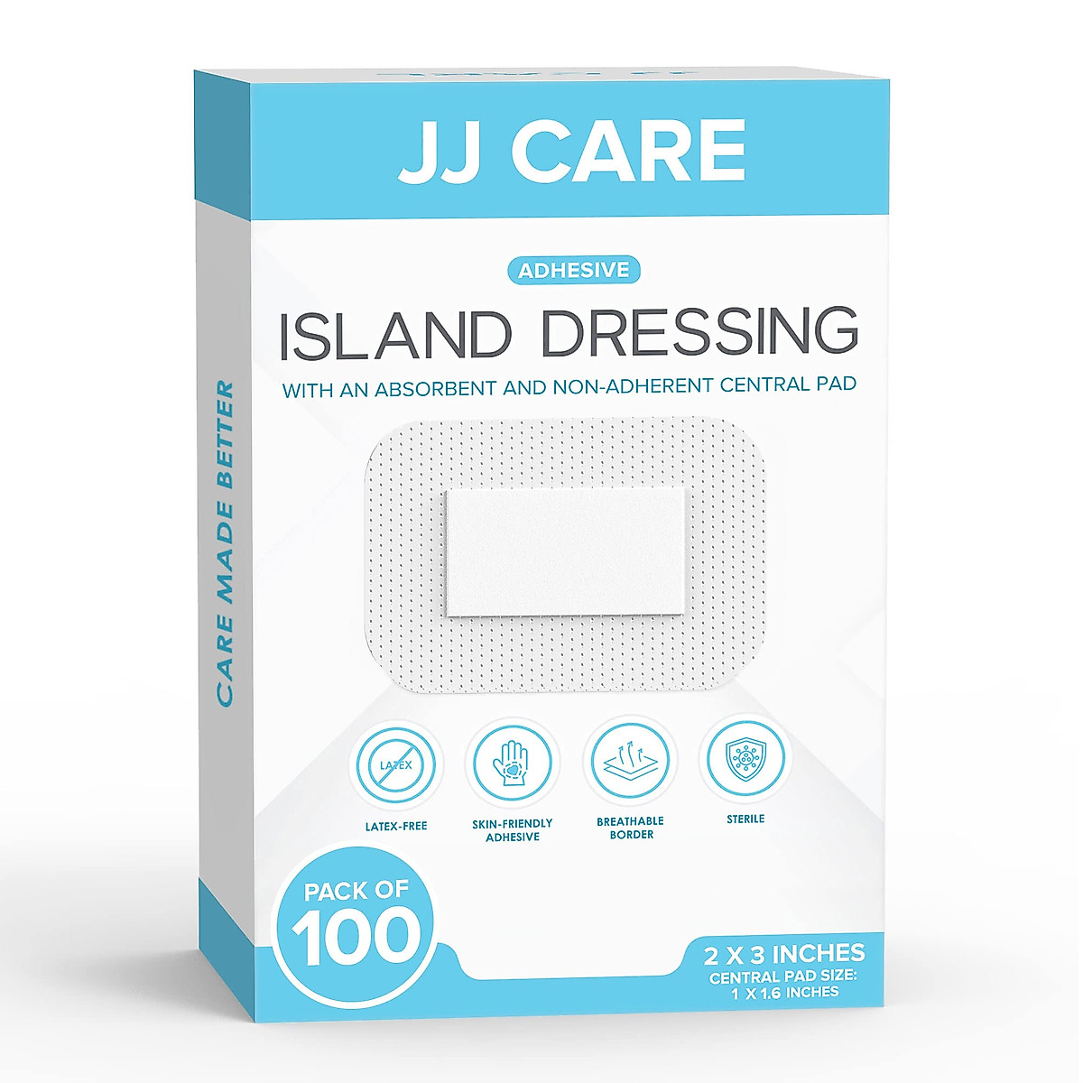 JJ CARE Adhesive Island Dressing [Pack of 100], 2x3 Sterile Bordered Gauze Dressing, Individually Wrapped Island Wound Dressing with Highly Absorbent Non-Stick Center Pad