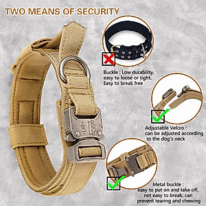 KCUCOP Tactical Dog Collar with Handle,Adjustable Military Dog Collar with Metal Buckle and Patches,Heavy Duty Dog Collars for Medium and Large Dogs (Brown-L)